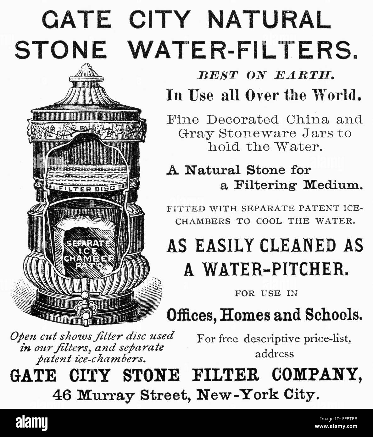 WATER FILTER AD, 1889. /nAmerican magazine advertisement for a Gate ...