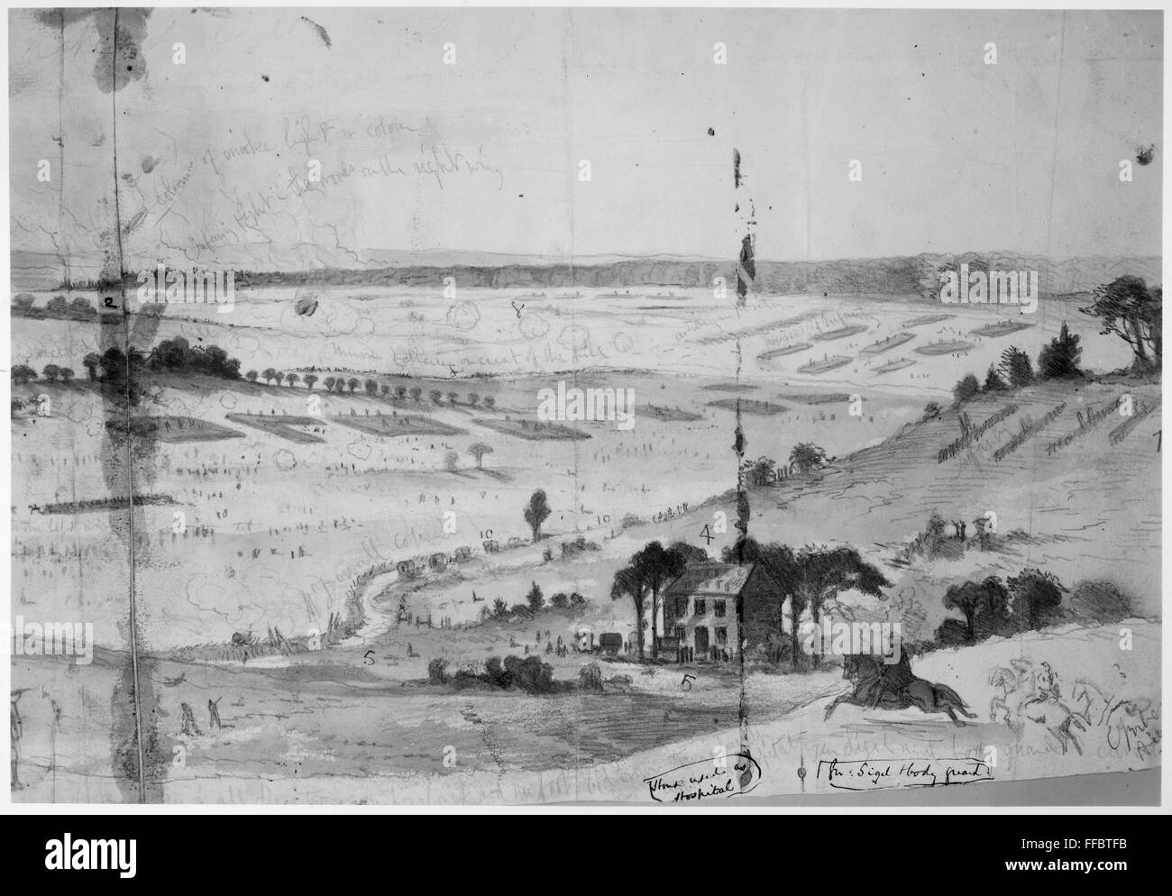 CIVIL WAR: BATTLE SKETCH. /nPencil drawing of a battlefield (possibly ...