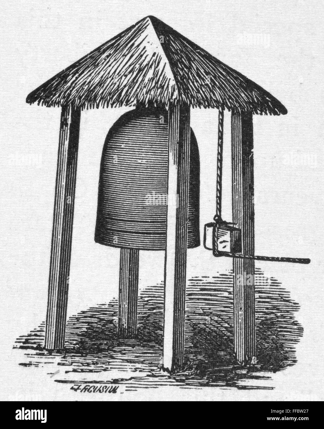 JAPANESE BELL. /nTraditional Japanese temple bell. Line engraving, 19th ...