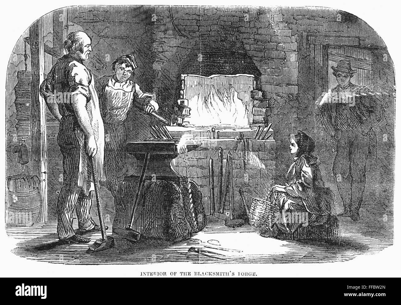BLACKSMITH'S FORGE, 1862. /nWood engraving, American, 1862 Stock Photo ...