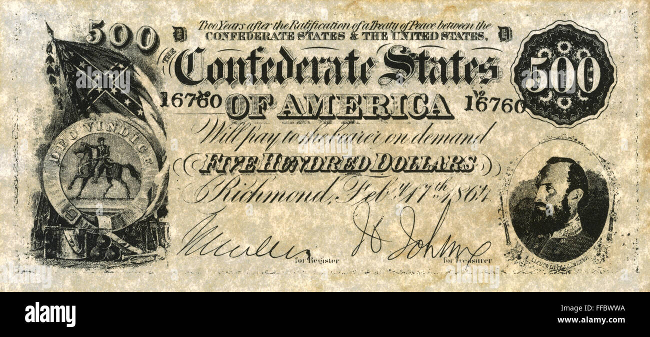 CONFEDERATE BANKNOTE. /nFive hundred dollar banknote issued by the ...
