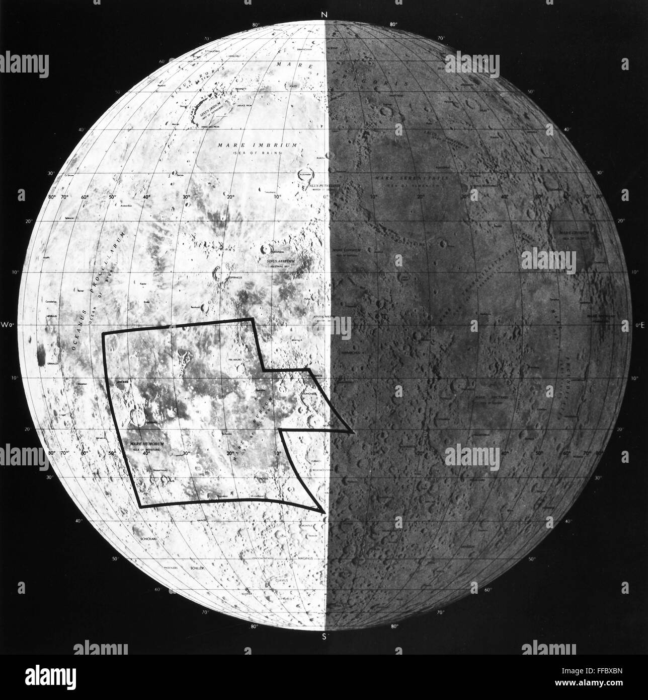 MOON: RANGER 7, 1964. /nOutlined in black is the area of the moon ...