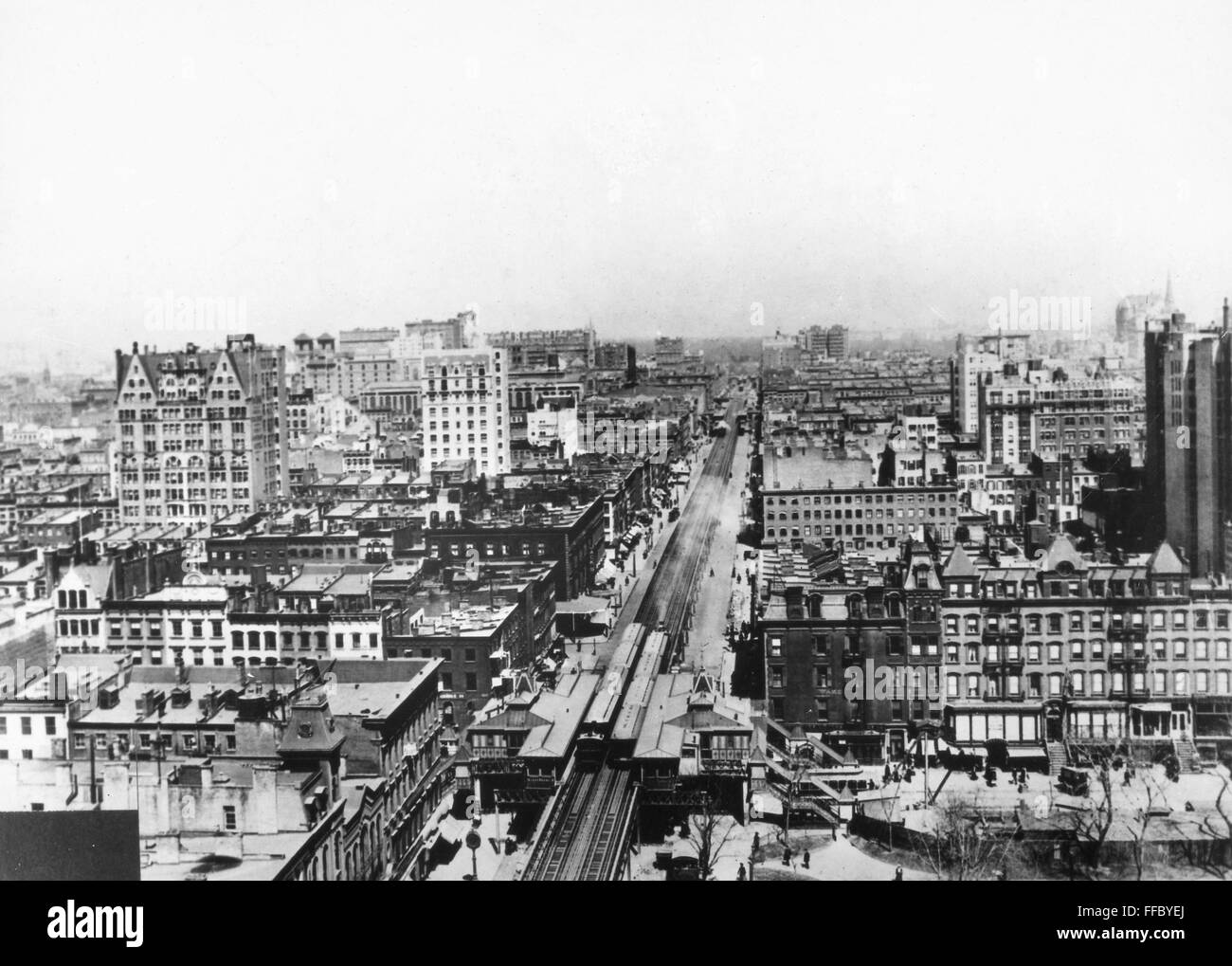 NEW YORK: ELEVATED TRAIN. /nView of the elevated railroad, believed to ...