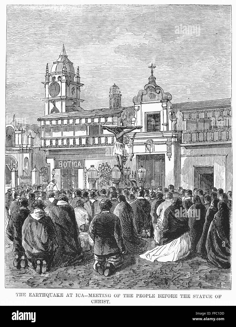 PERU: EARTHQUAKE, 1868. /nCrowd in a public square at Ica, Peru, after ...
