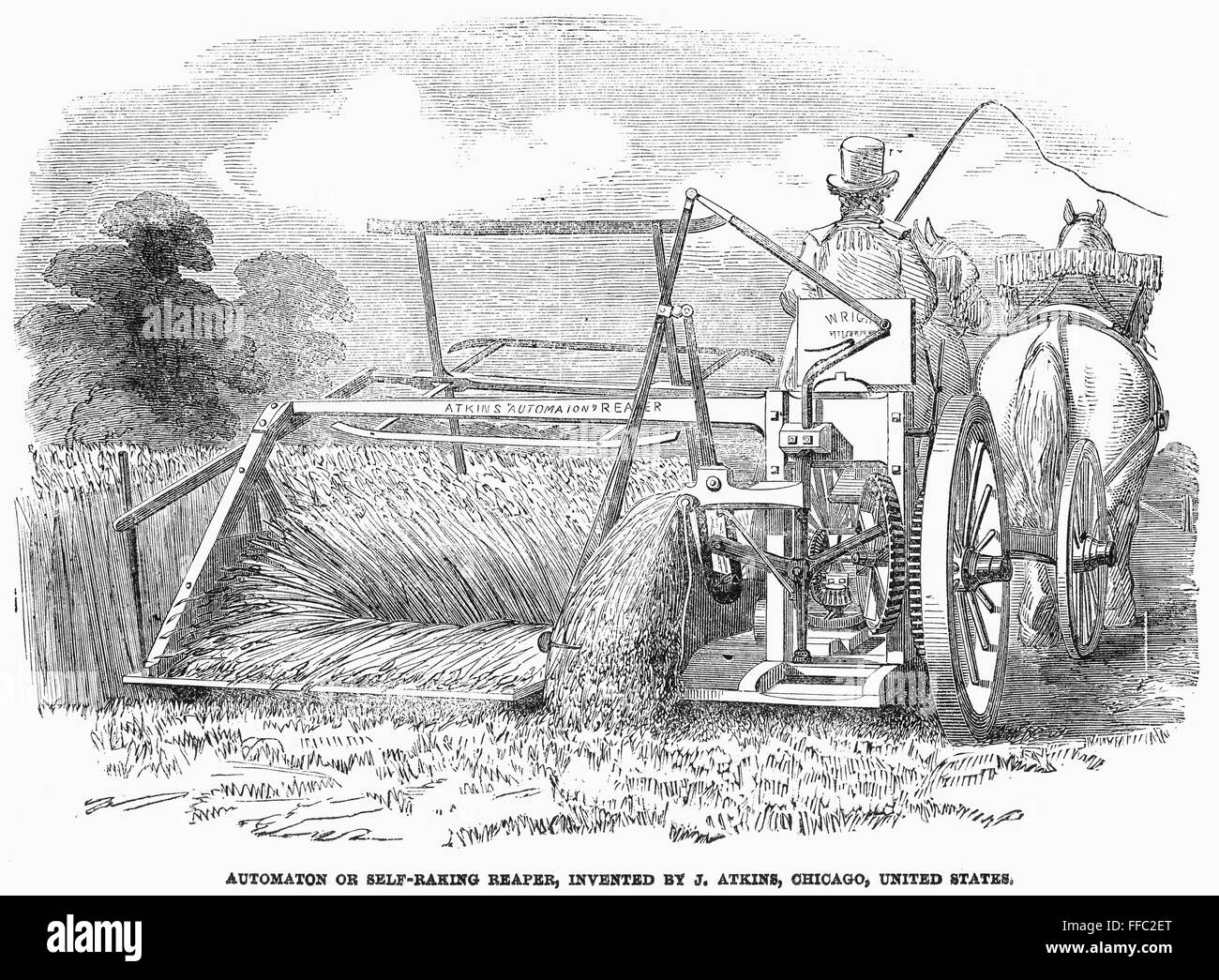 REAPER, 1853. /n'Automaton or self-raking reaper, invented by J. Atkins ...