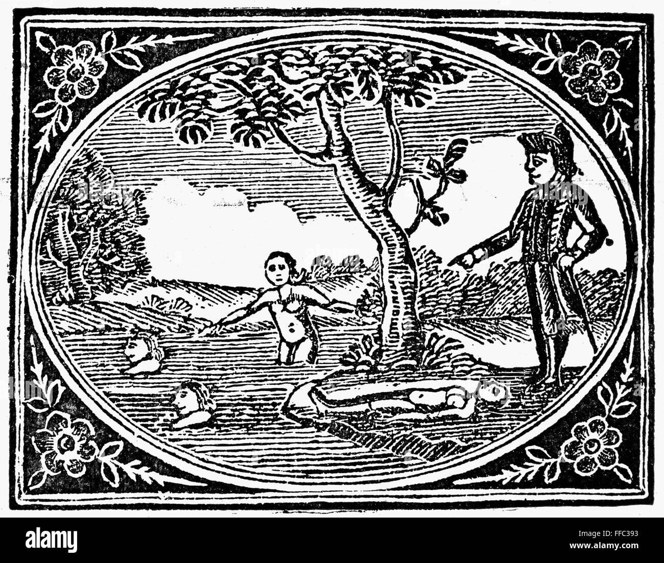 SPELLING BOOK, 1755. /n'The truant boys.' Woodcut from 'Fenning's ...