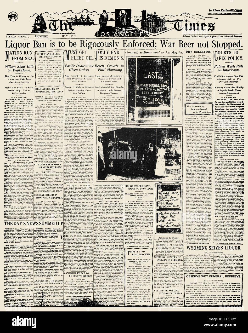 PROHIBITION HEADLINE, 1919. /nFront page of the Los Angeles Times, 1 ...