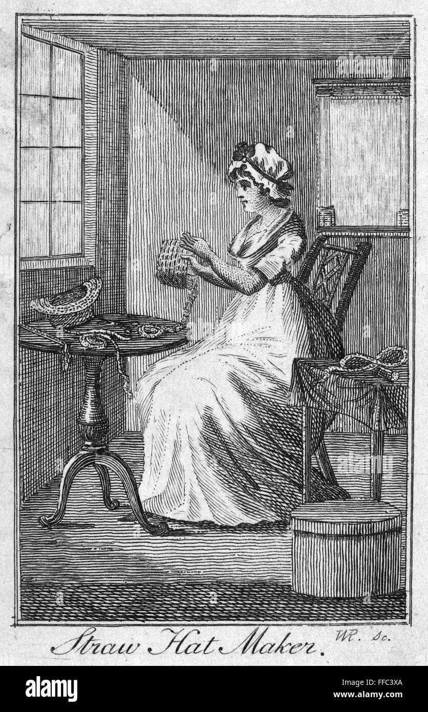 COLONIAL STRAW HAT MAKER. /nLine engraving, late 18th century Stock ...