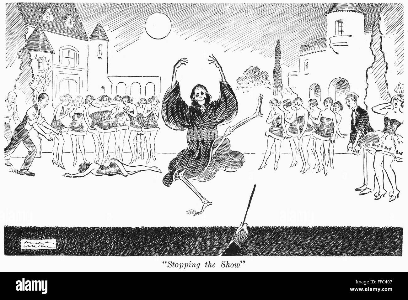 DEATH CARTOON, 1924. /n'Stopping the Show.' Death takes the stage ...