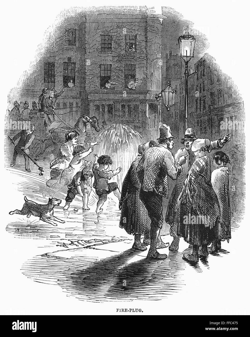 LONDON: FIRE HYDRANT, 1858. /nChildren enjoying the spray from a fire ...