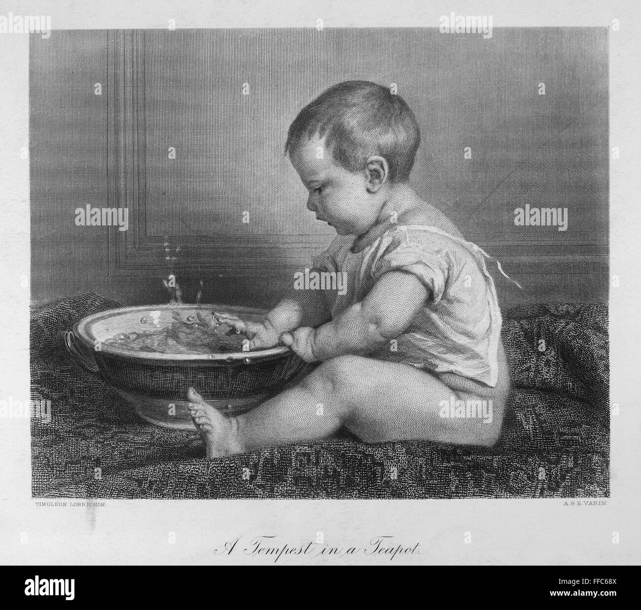 BABY, 19th CENTURY. /n'A Tempest in a Teapot.' Steel engraving, French ...