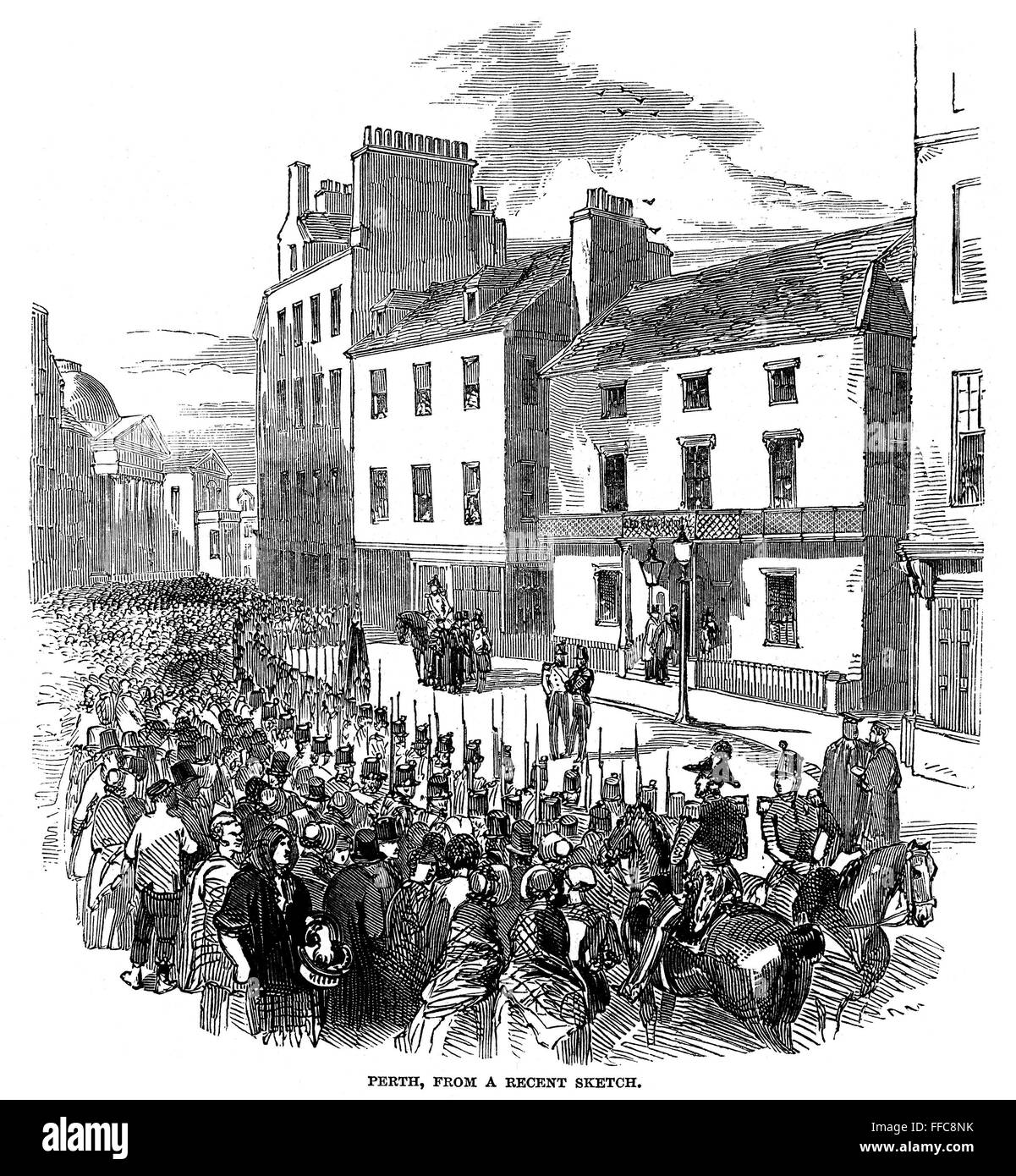 SCOTLAND: PERTH, 1848. /nCrowds and troops gathered outside the hotel ...