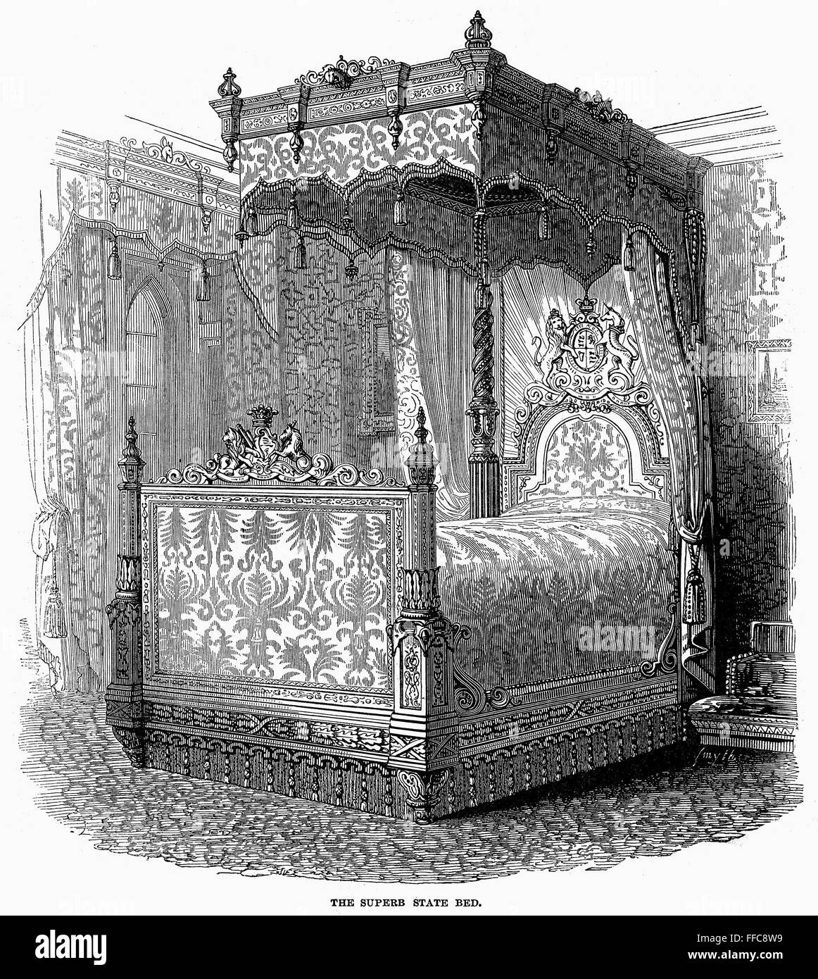 VICTORIAN BED, 1846. /nThe superb state bed. Wood engraving, 1846 Stock ...