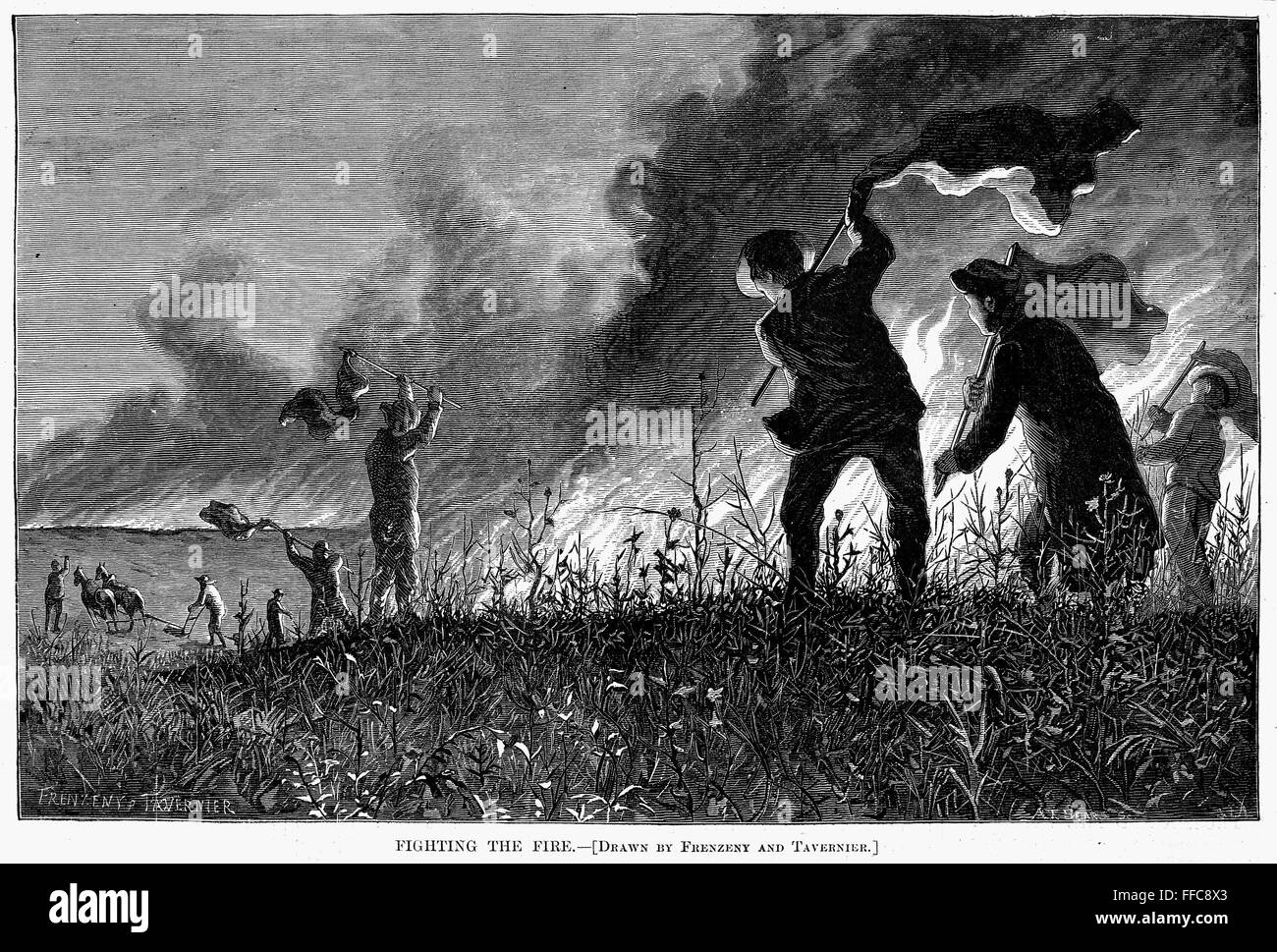 PRAIRIE FIRE, 1874. /nFarmers fighting a fire on the American prairie ...