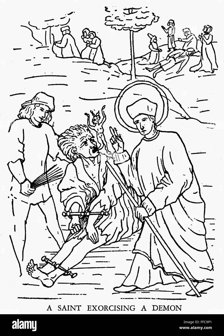 EXORCISM. /nA saint exorcising a demon. Engraving after a medieval ...