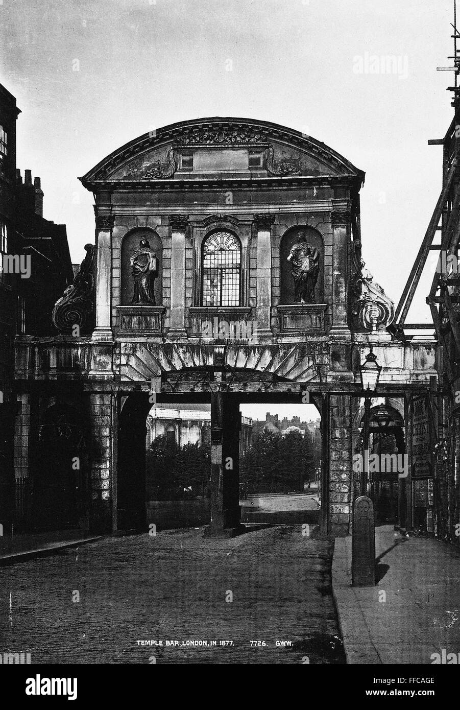 LONDON: TEMPLE BAR, c1877. /nView of Temple Bar, on the Strand and ...