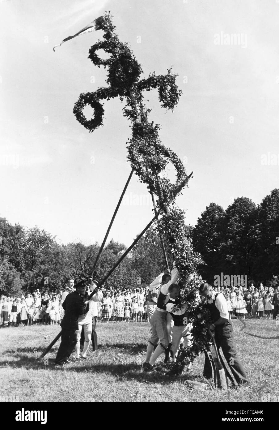 SWEDEN: MIDSUMMER, 1960. /nRaising the maypole during midsummer ...