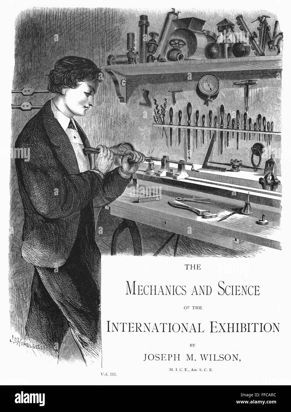 INVENTOR, 1875. /nAn inventor in his workshop. Line engraving, 19th ...