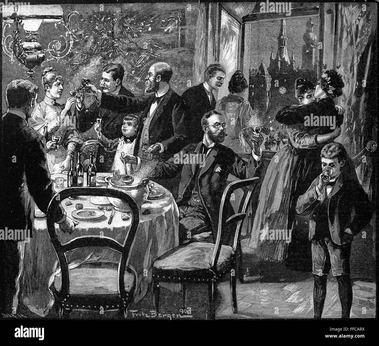 NEW YEAR'S EVE, 1890. /n'Ringing out the New Year.' Line engraving by ...