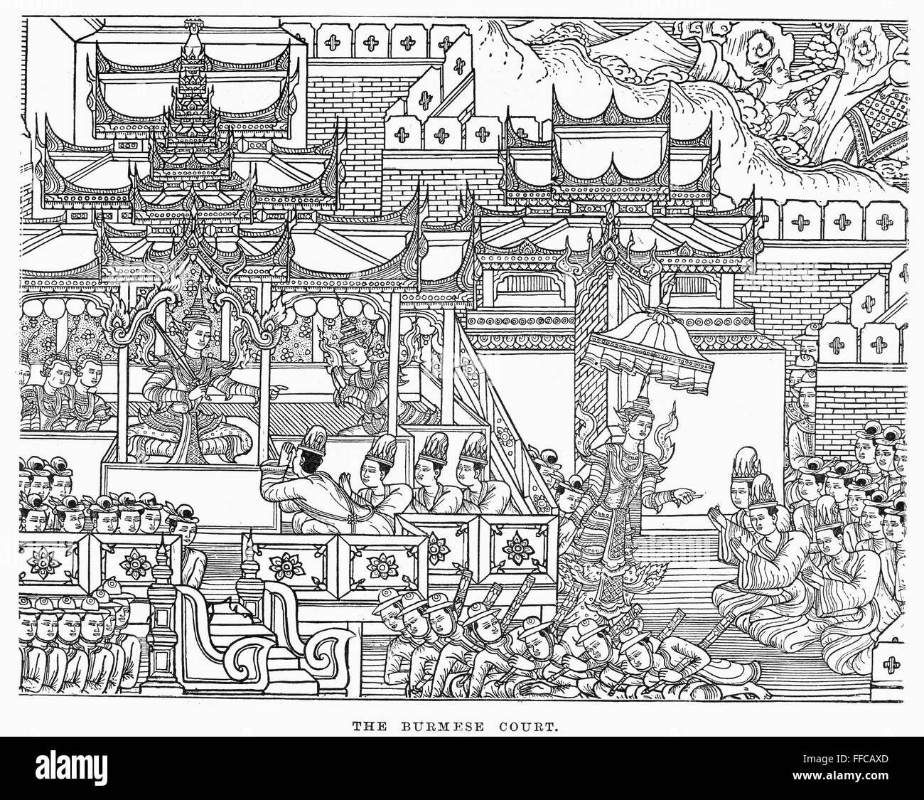 THE BURMESE COURT. /nLine engraving from a native drawing, 19th century ...