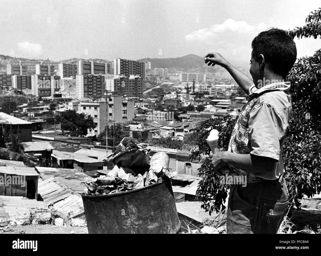 VENEZUELA: CARACAS, 1961. /nA boy in a Caracas slum points to the ...