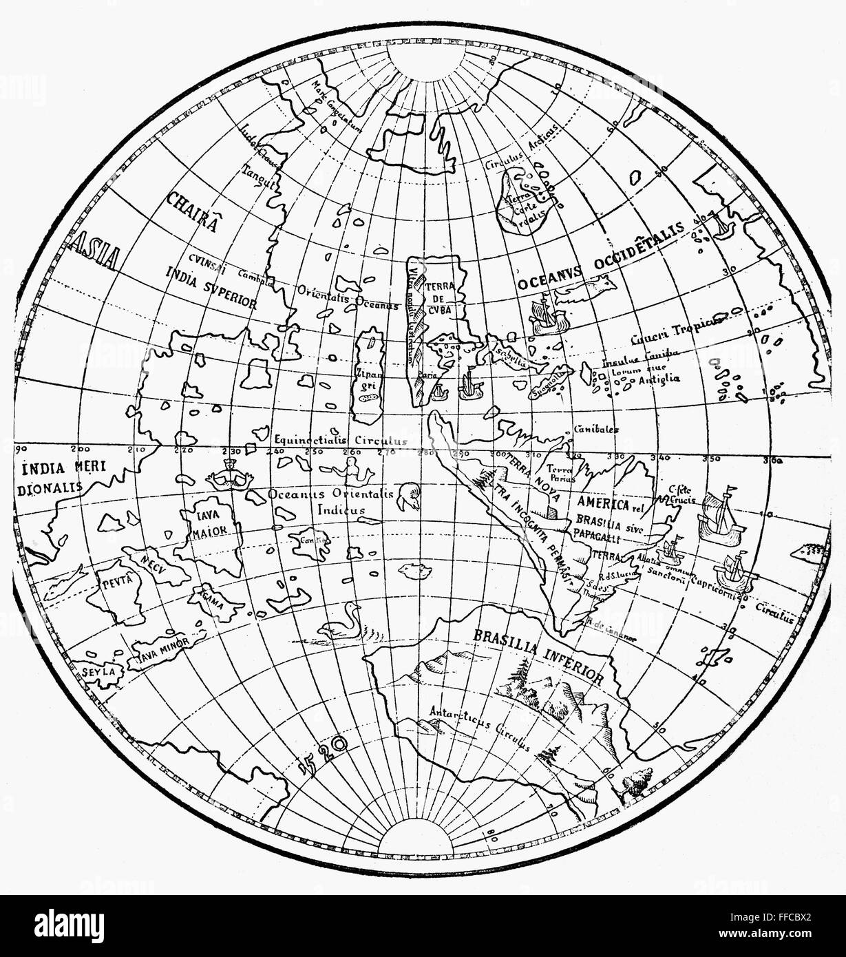 WORLD MAP, 1520. /nWorld map, 1520, by the German cartographer Johannes ...