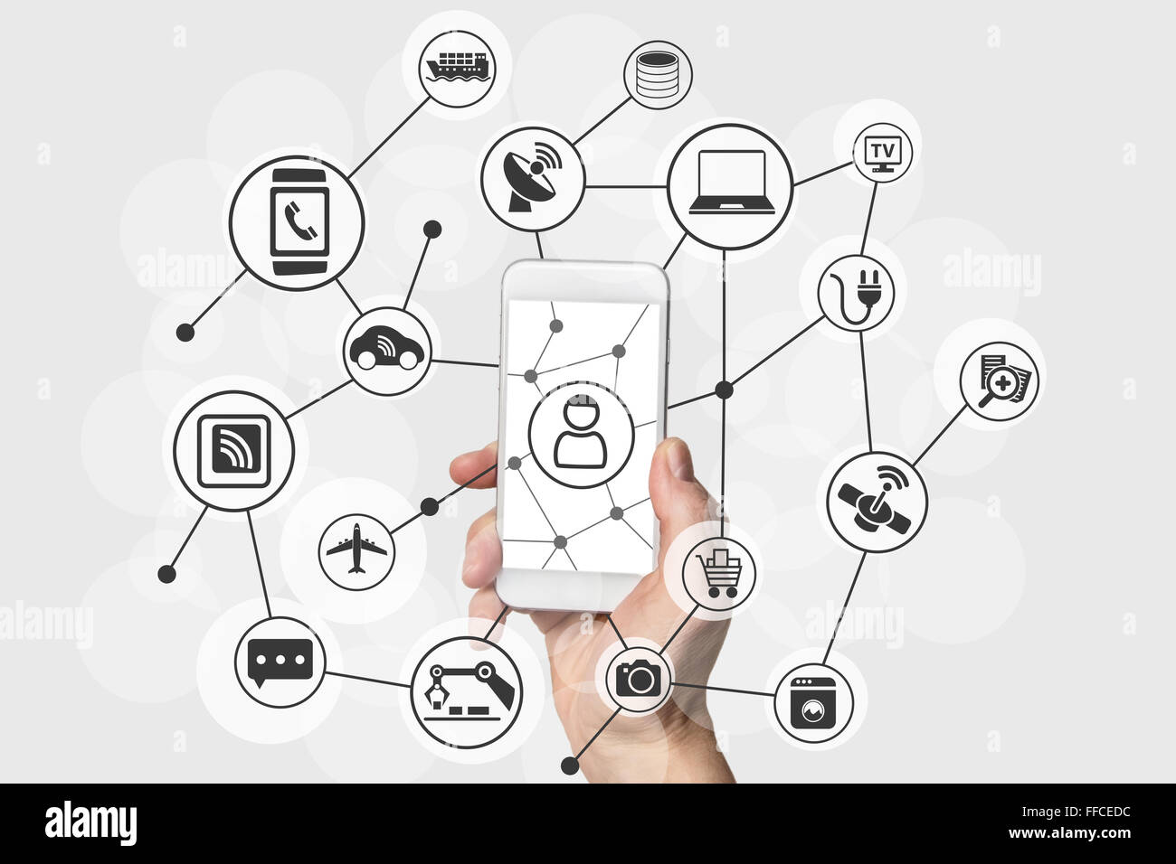 Internet of things (IOT) concept with hand holding modern smart phone ...