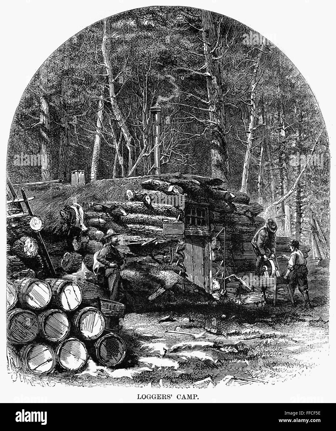 LOGGERS' CAMP, 1868. /nA loggers' camp in the Minnesota pine forests ...