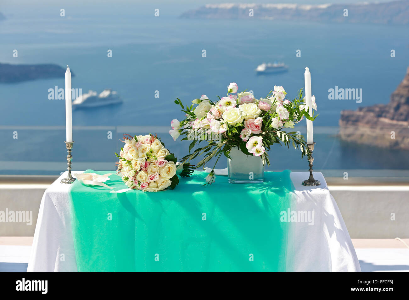 Table and decorations for the wedding ceremony on the beach. Greece ...