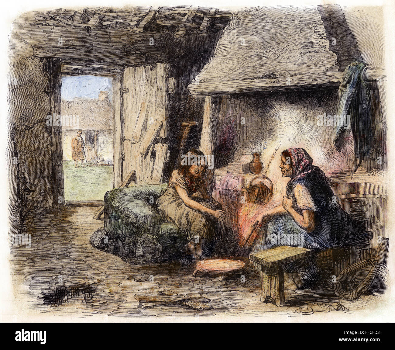 IRISH PEASANT CABIN, 1870. /nInterior of a peasant cabin at Kildare ...
