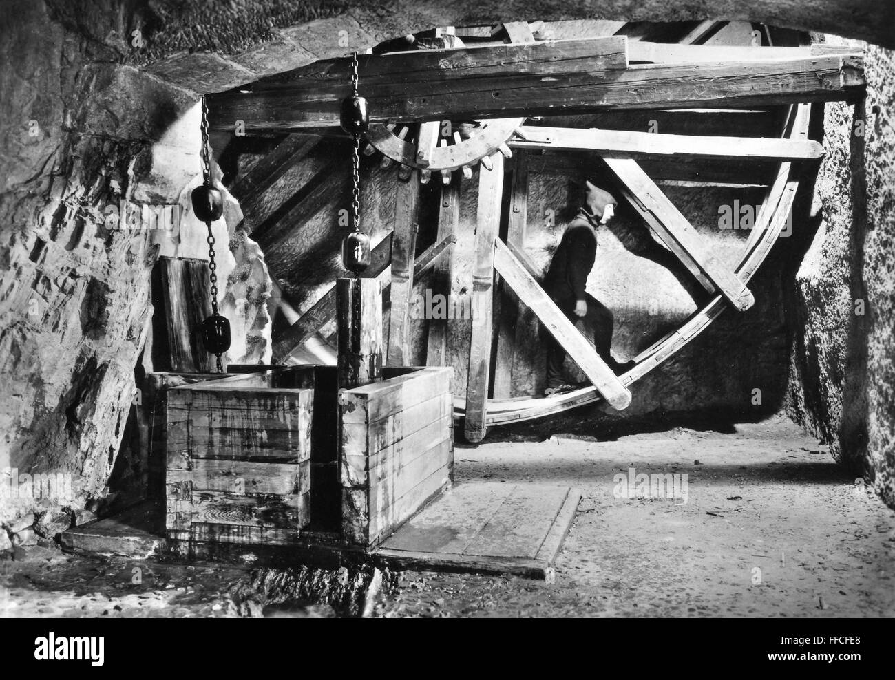 MINING, 16th CENTURY. /nWater pump operated by a step wheel from a 16th ...