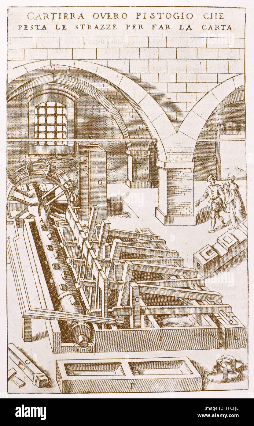 PAPER-STAMPER, c1720. /nAn early waterpowered paper-stamper. Line ...