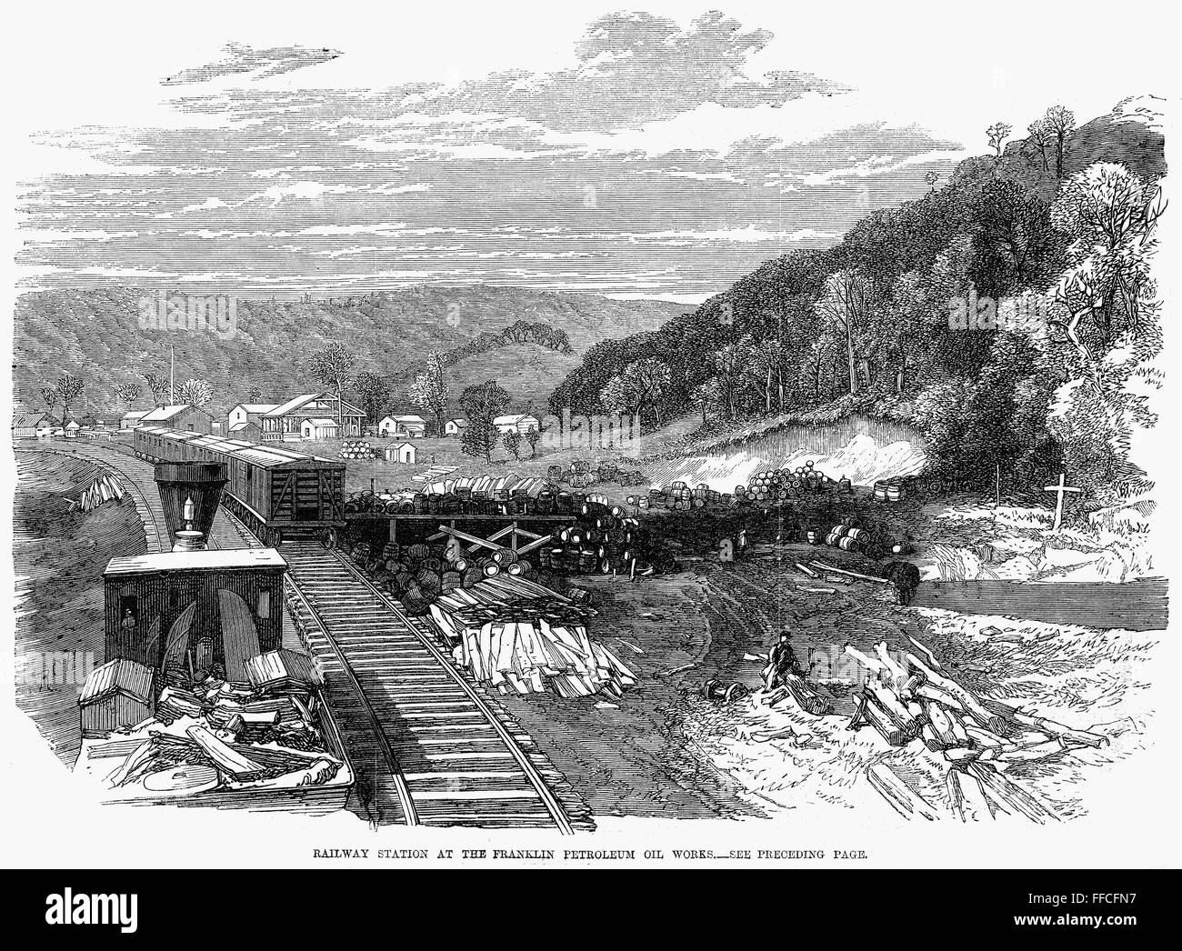 PETROLEUM WORKS, 1864. /nRailway station at the Franklin Petroleum Oil ...