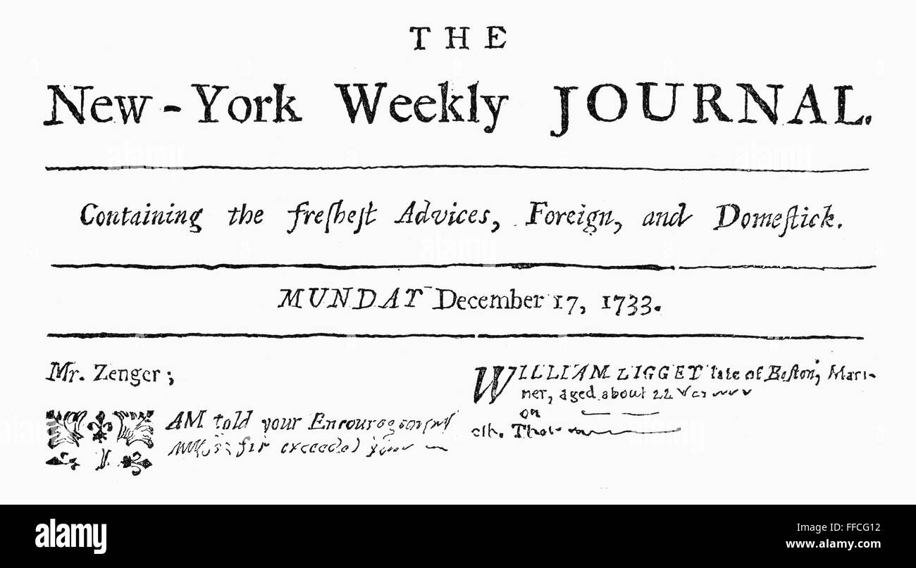NEW YORK WEEKLY JOURNAL. /nMasthead of the New York Weekly Journal, 17 ...
