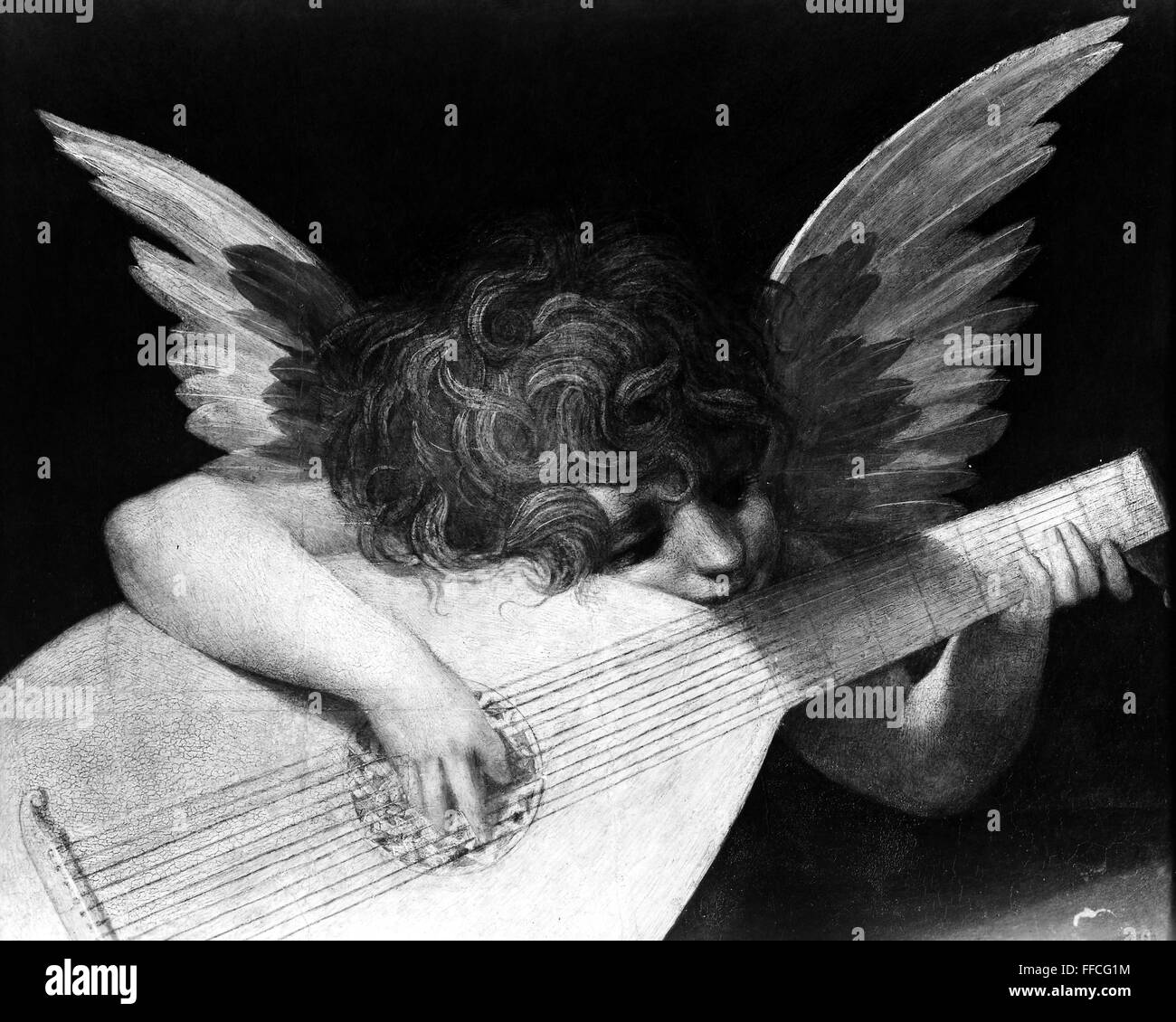 ANGEL & LUTE, 16th CENTURY. /nAngel playing a lute. Oil painting by ...