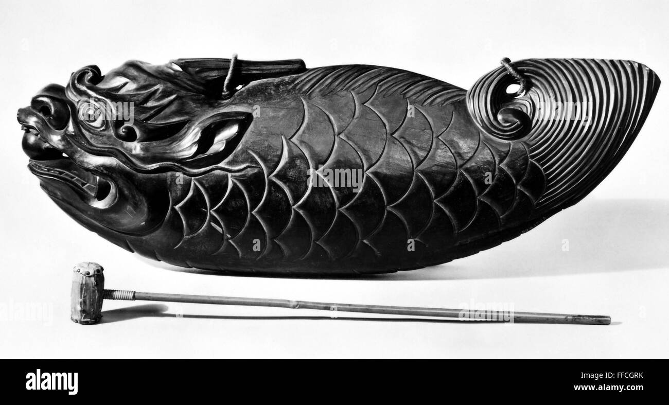 JAPANESE DRUM, 1889. /nJapanese wooden drum in the shape of fish ...