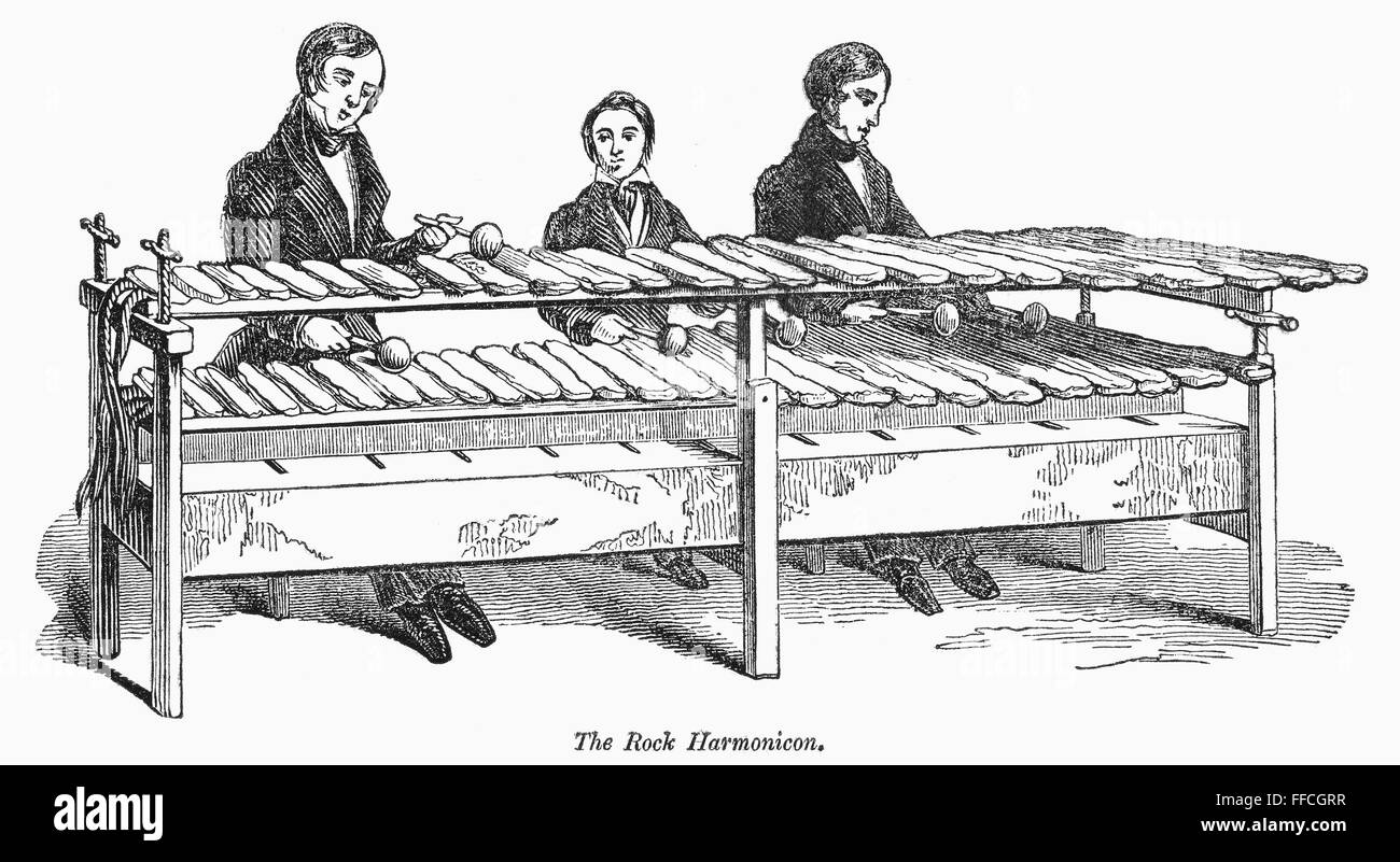 ROCK HARMONICON, 1842. /nMallet instrument made from hard slate. Wood ...