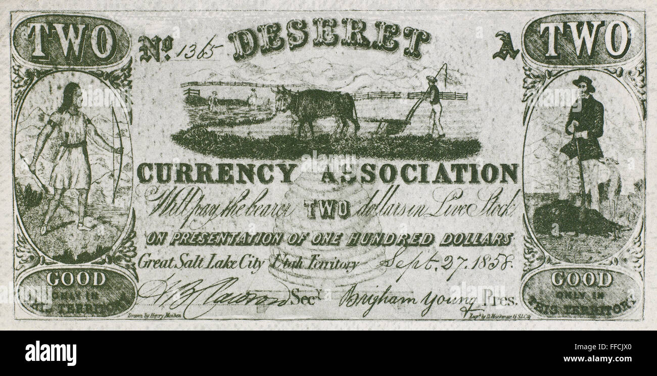 MORMON CURRENCY, 1858. /nBank note issued at Salt Lake City and bearing ...