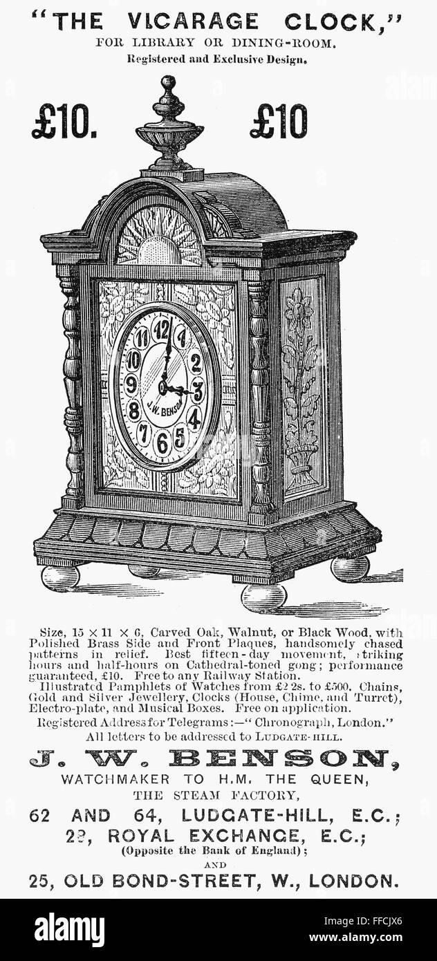 CLOCK ADVERTISEMENT, 1885. /nEnglish newspaper advertisement, 1885, for ...