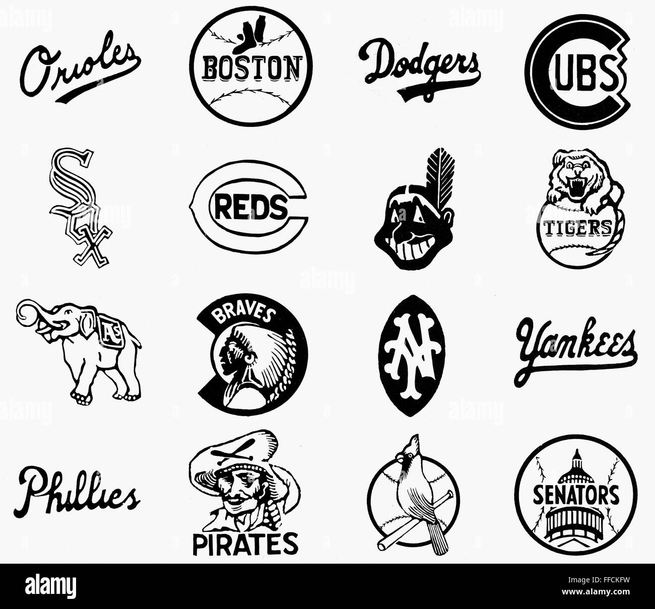 BASEBALL LOGOS. /nVarious logos of American baseball teams, c1955 Stock ...