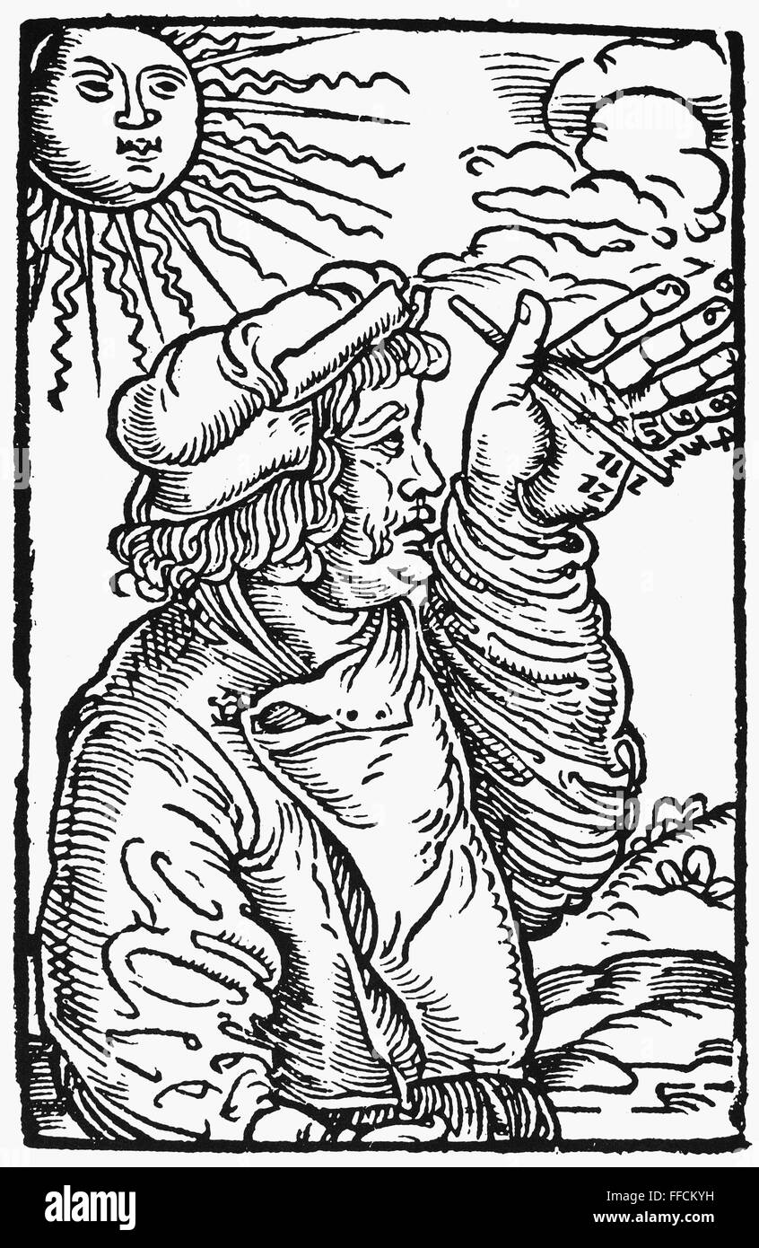 SUNDIAL, 1532. /nA man using his hand as a sundial. Woodcut, Mainz ...