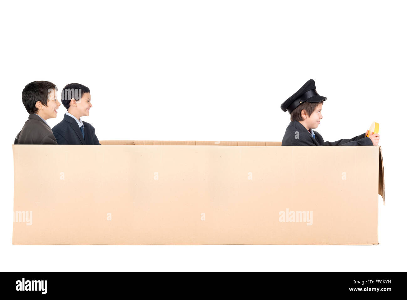 Young businessmen in cardboard box limousine with driver Stock Photo ...