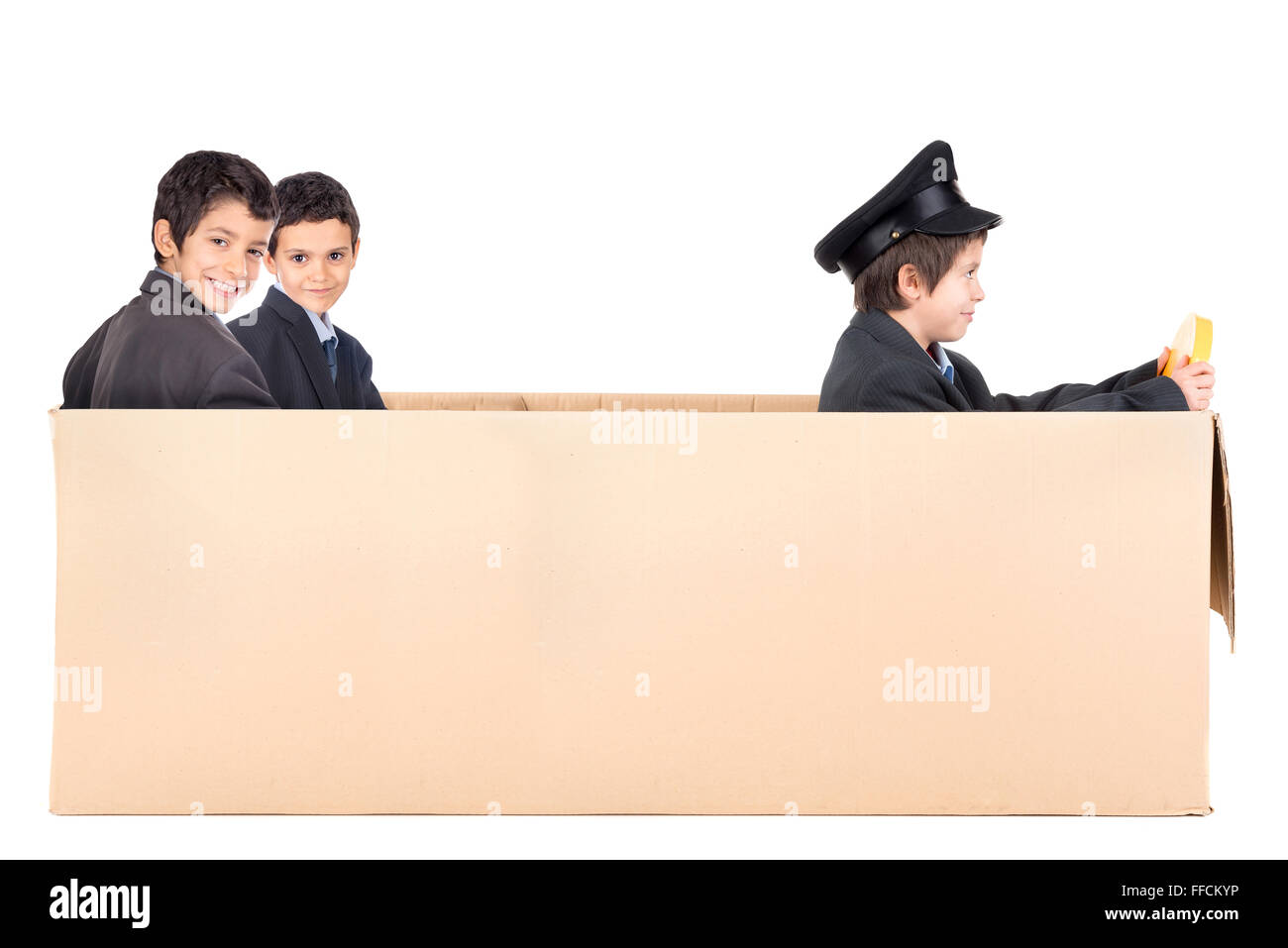 Young businessmen in cardboard box limousine with driver Stock Photo ...