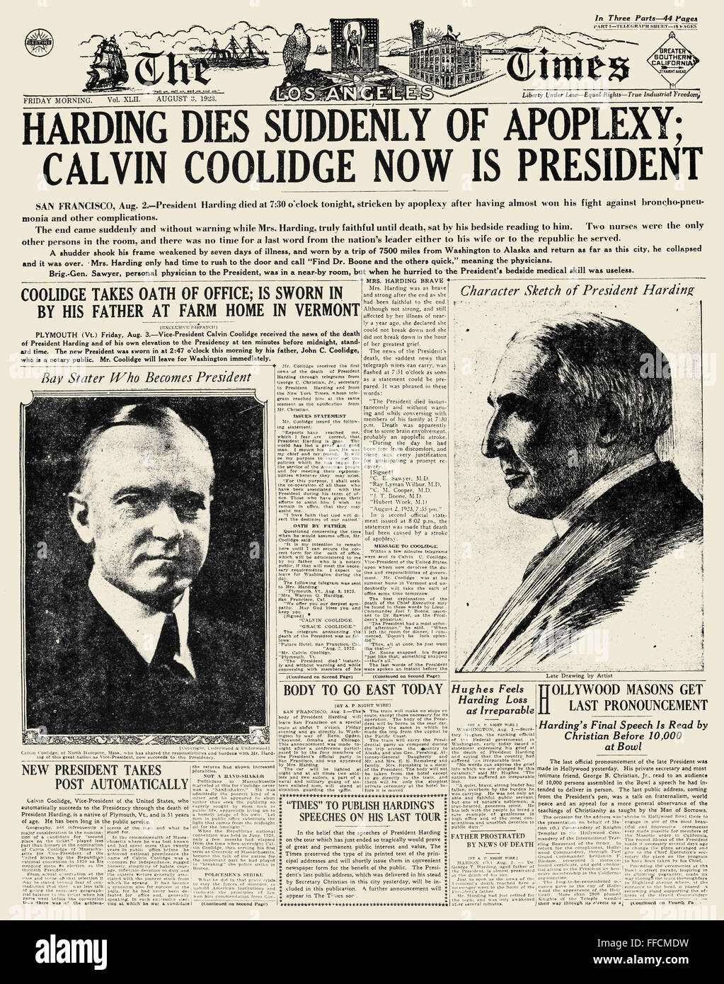 DEATH OF HARDING, 1923. /nFront page of the Los Angeles Times, 3 August ...