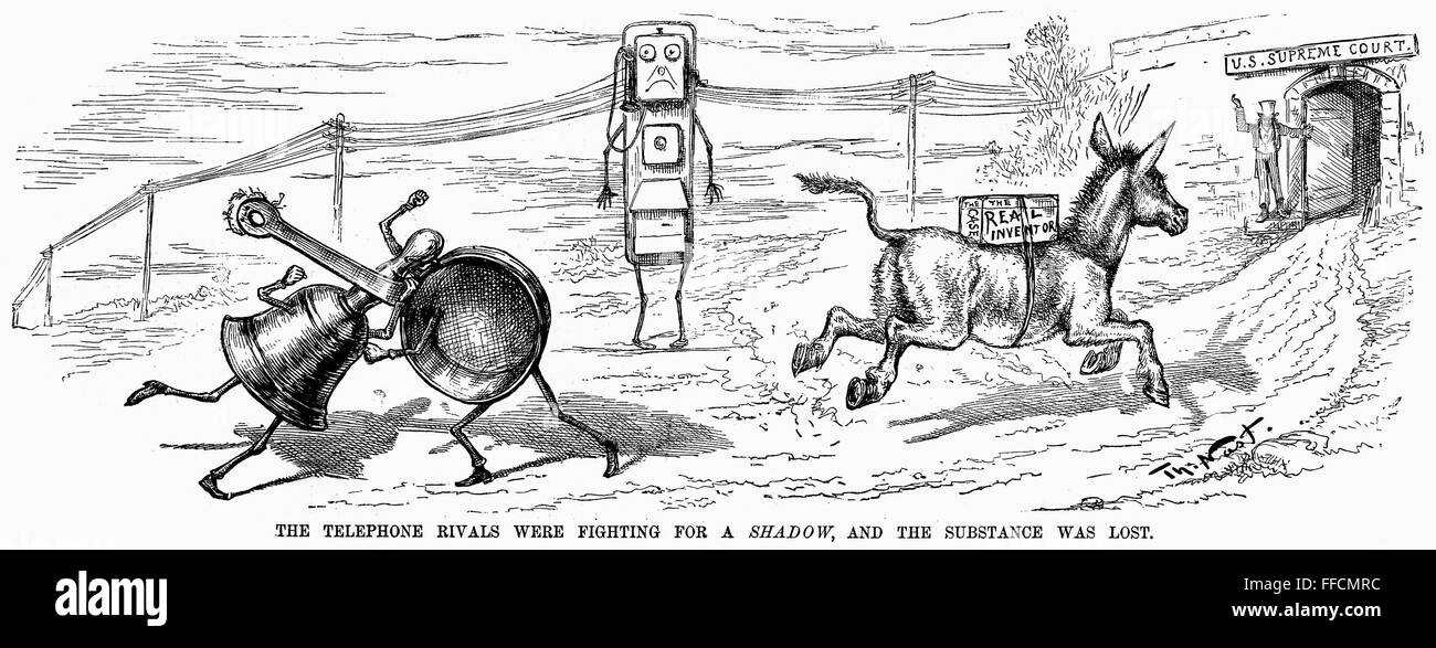 CARTOON: TELEPHONE, 1886. /n'The telephone rivals were fighting for a ...