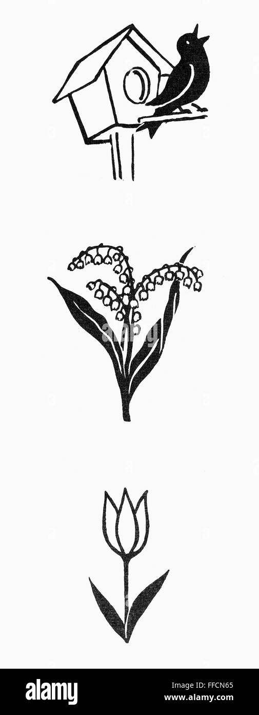 SYMBOLS: SPRING. /nVarious symbols of spring. Woodcuts Stock Photo - Alamy