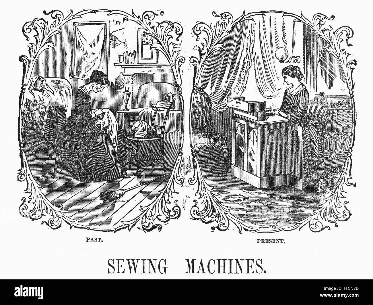 SEWING, 19th CENTURY. /nSewing, past and present. Wood engraving, late ...