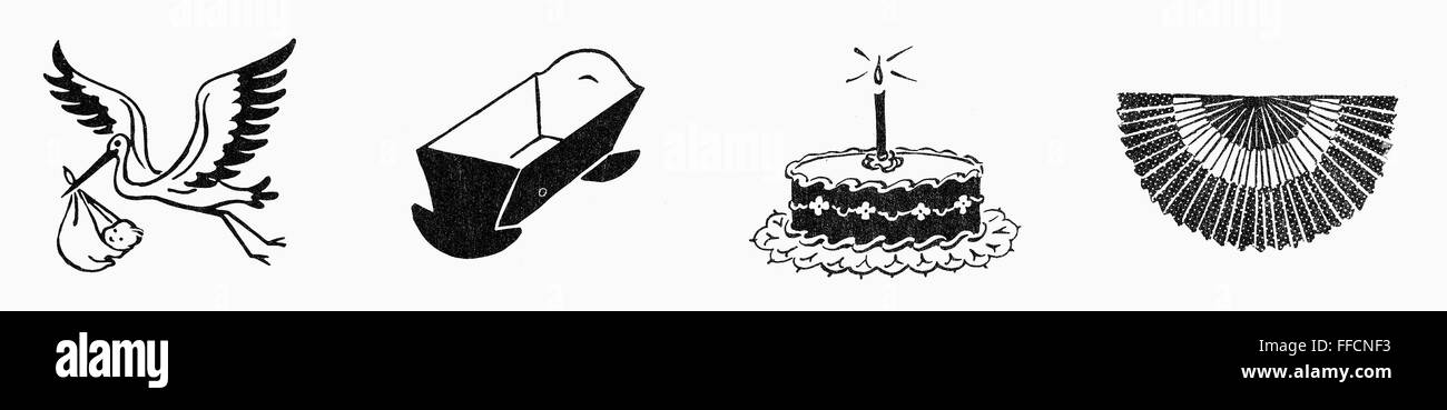 SYMBOLS: BIRTHDAY. /nVarious symbols for birthday celebrations. Line ...