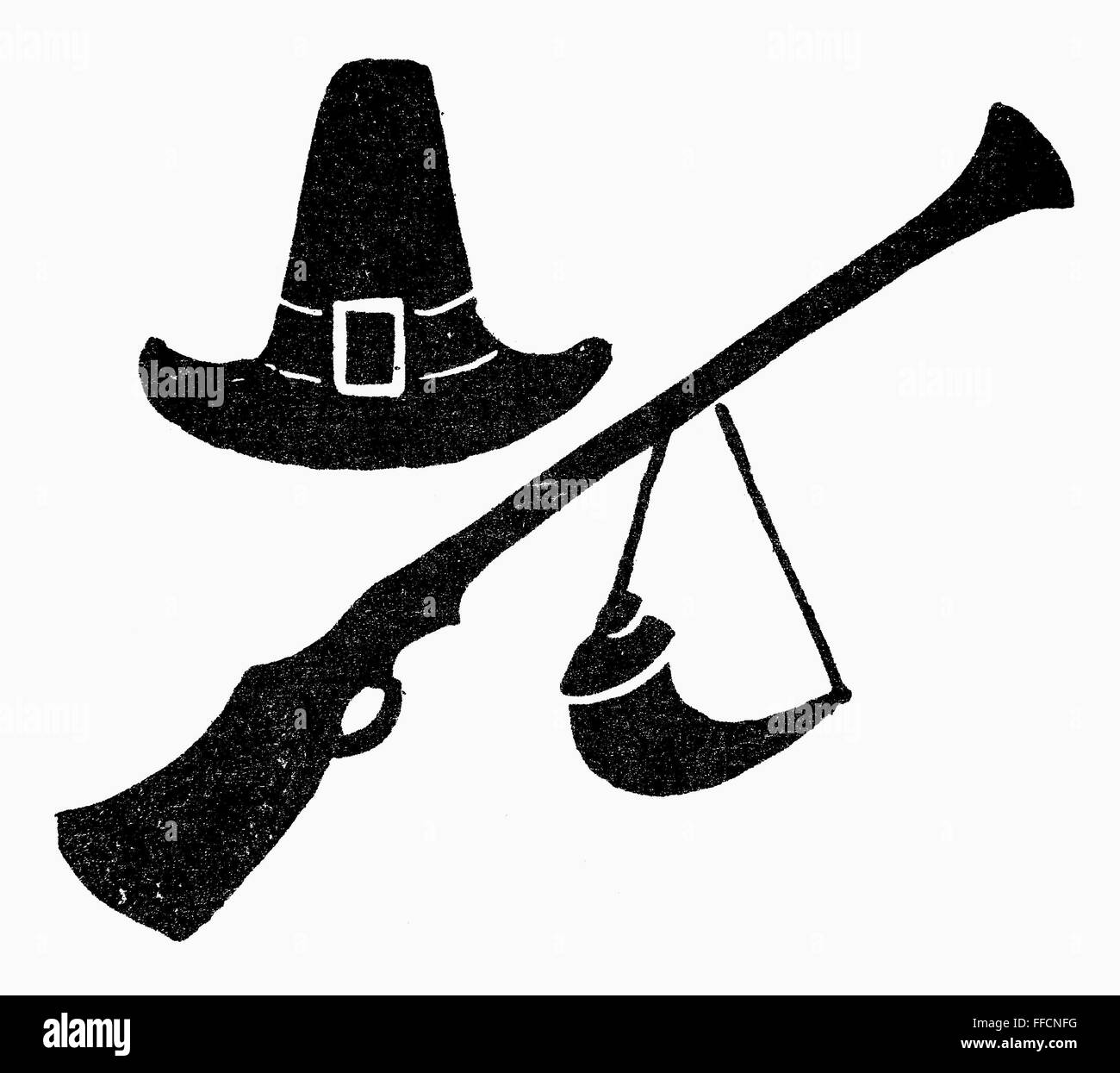 SYMBOL: THANKSGIVING. /nHat, rifle, and powder horn, symbols of ...