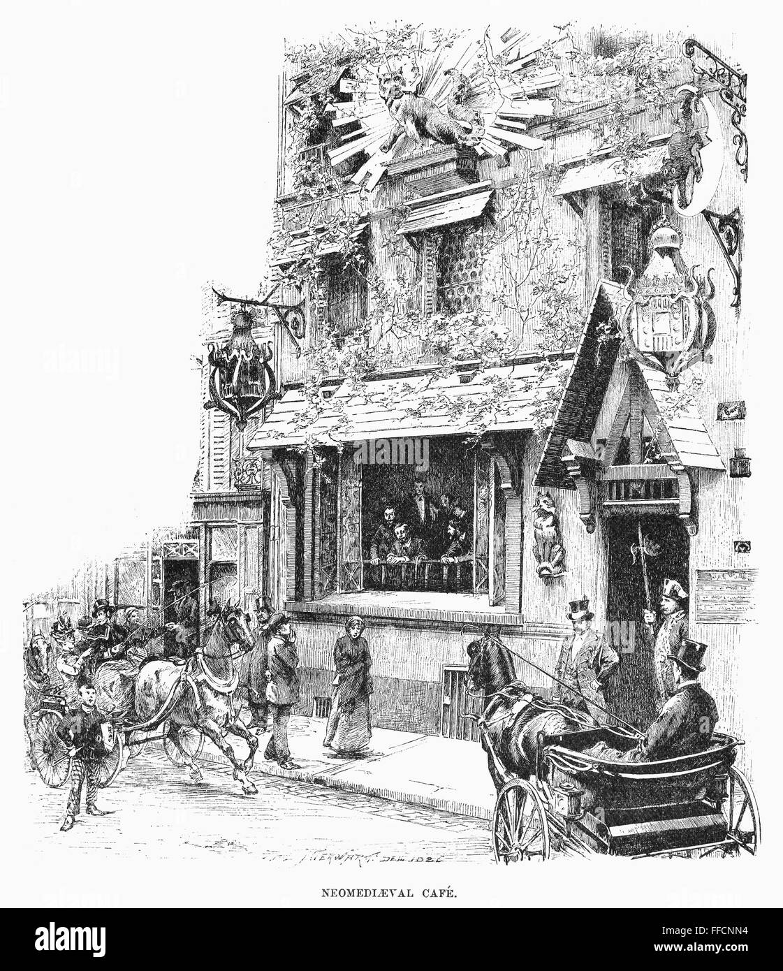 PARIS: CAFE, 1889. /nNeomedieval cafe in Paris, France. Line engraving ...